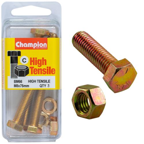 Champion M8 x 75 Set Screw & Nut - GR8.8 3 pack