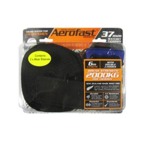 Aerofast 37mm X 6M Ratchet Tiedown J-Hooks 2000Kg Bs + 2 Wear Sleeves