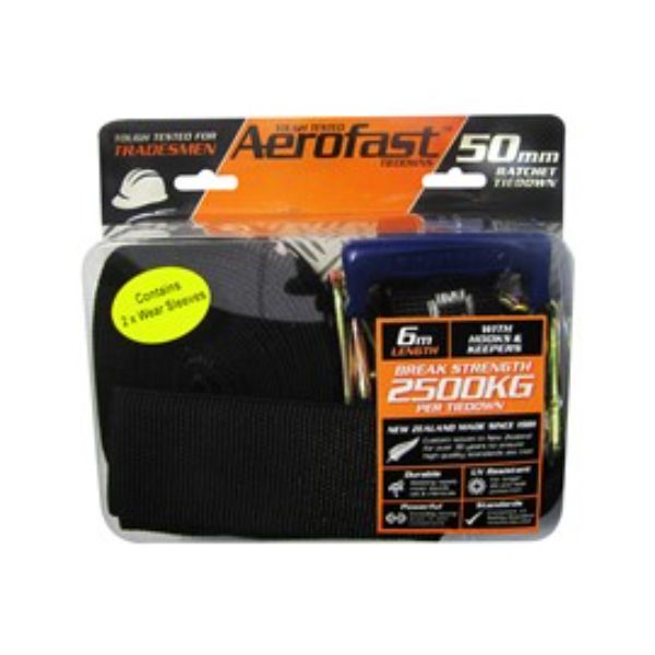 Aerofast 50mm X 6M Ratchet Tiedown Hook & Keeper 2500Kg Bs + 2 Wear Sleeves