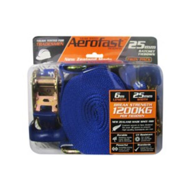 Aerofast 25mm X 6M Twin Pack Ratchet Tiedowns 1200Kg Bs Twin Pack
